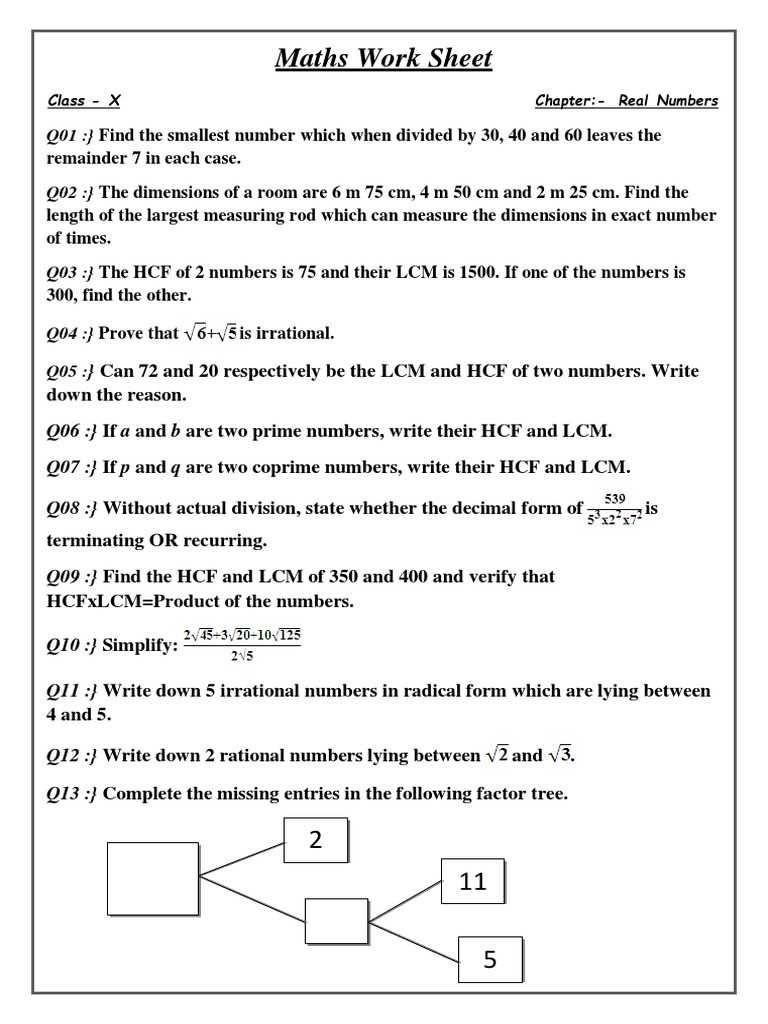 CBSE Class 10 Mathematics Real Numbers Worksheet Set A | PDF | Numbers ...