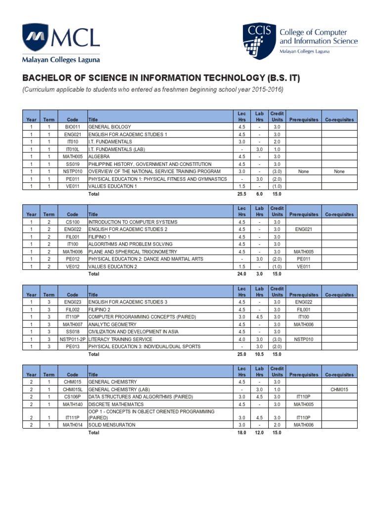 Curriculum Overview for the Bachelor of Science in Information ...