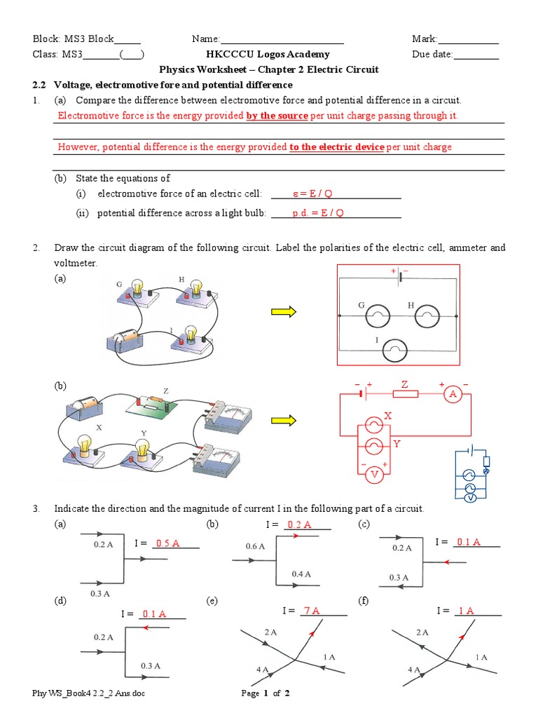 Understanding Electric Circuits: Worksheet on Voltage, Electromotive ...