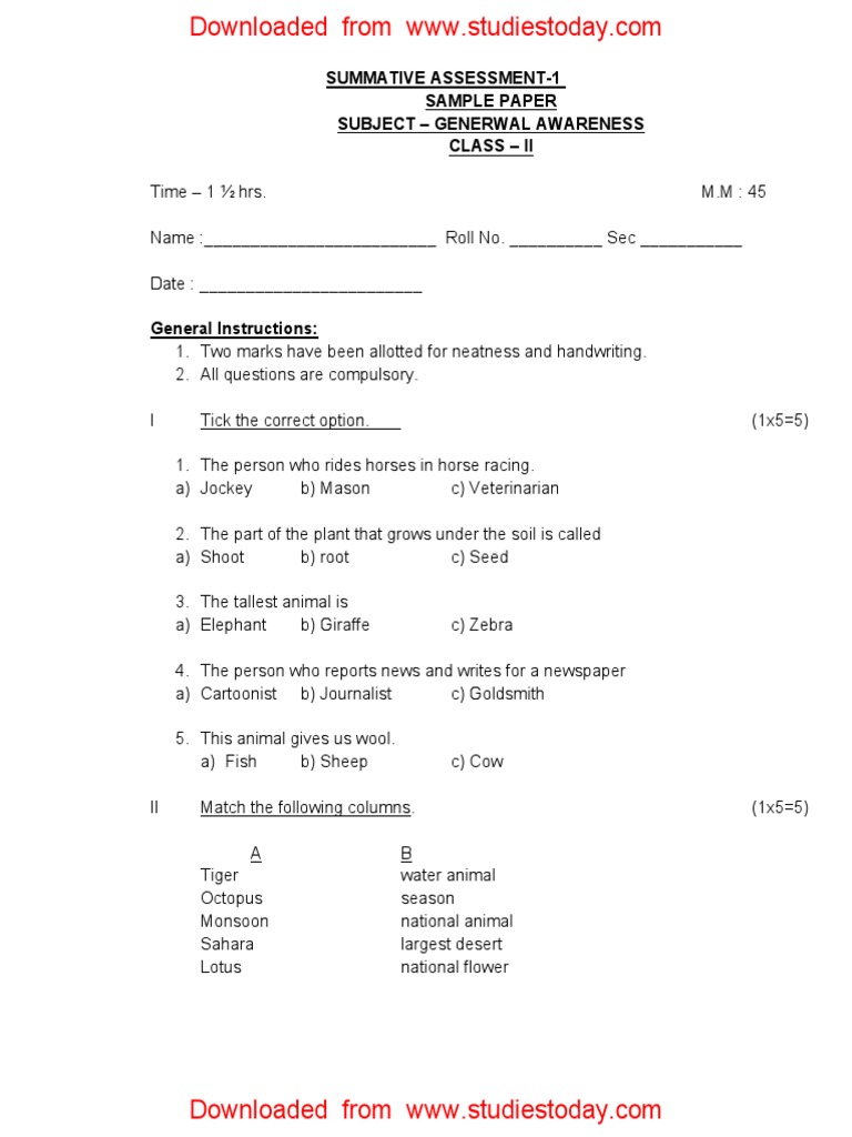 CBSE Class 2 GK Question Paper Set 1 | PDF | Plants | Organisms