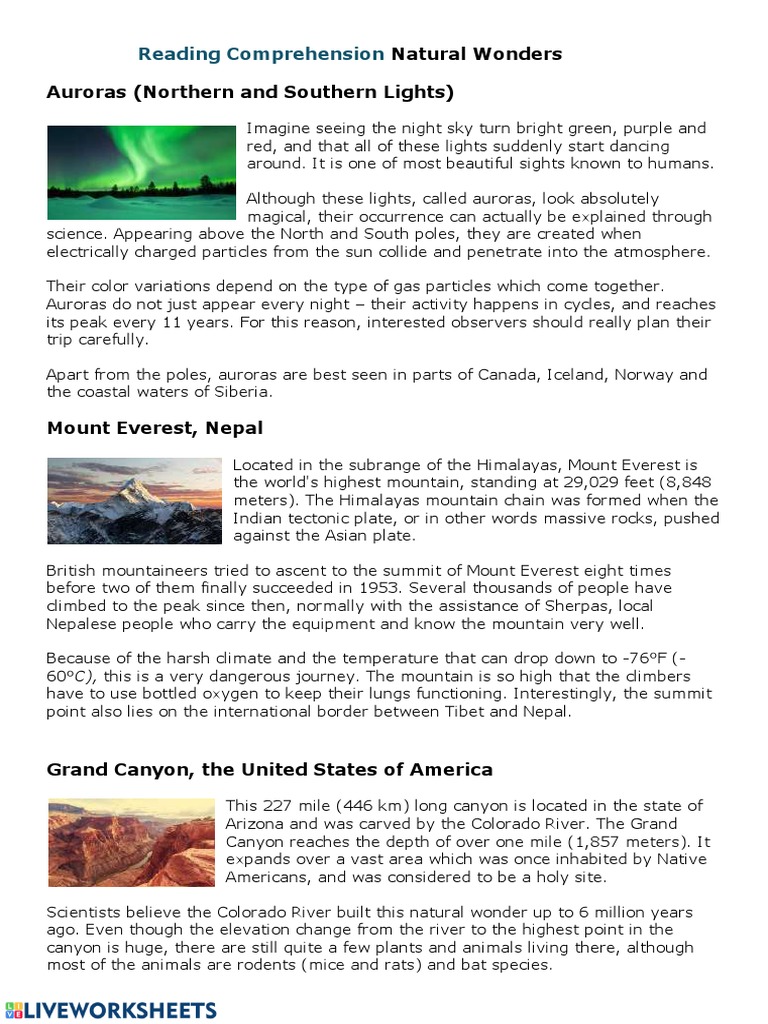 Reading Comprehension: Natural Wonders Auroras (Northern and Southern ...
