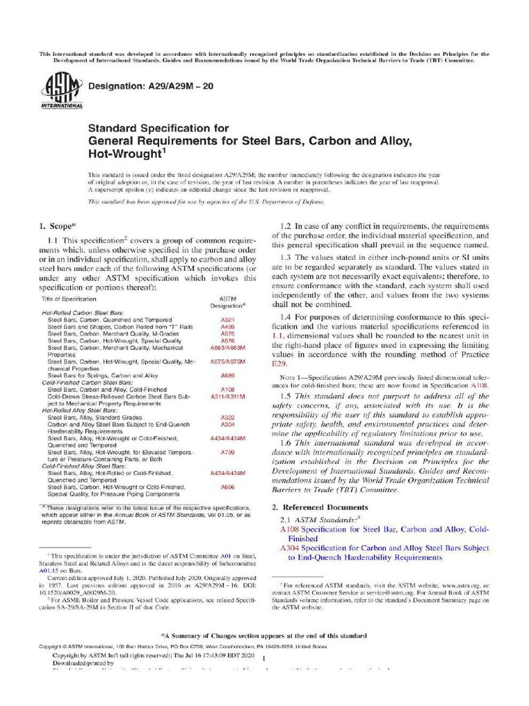 ASTM A29 A29M-20 Standard Specification for General Requirements for Steel Bars, Carbon and ...