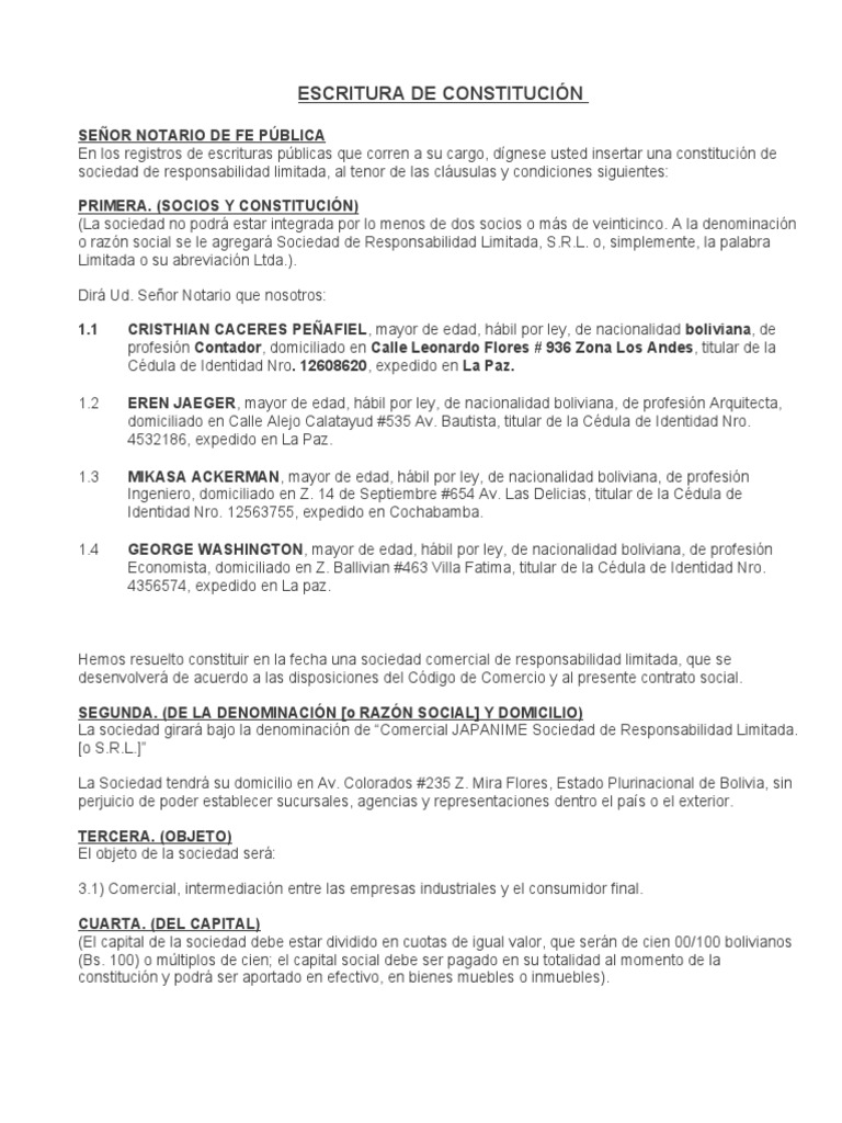 Escritura de Constitución | PDF | Sociedad de responsabilidad limitada | Business