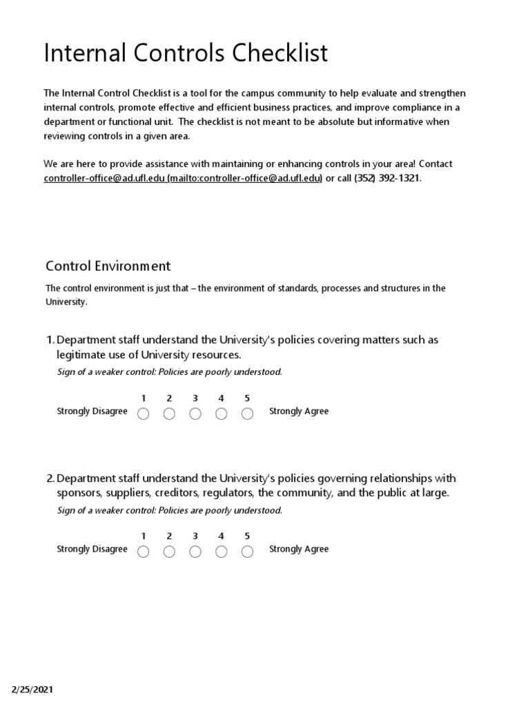 Internal Controls Checklist: Control Environment | PDF | Internal ...