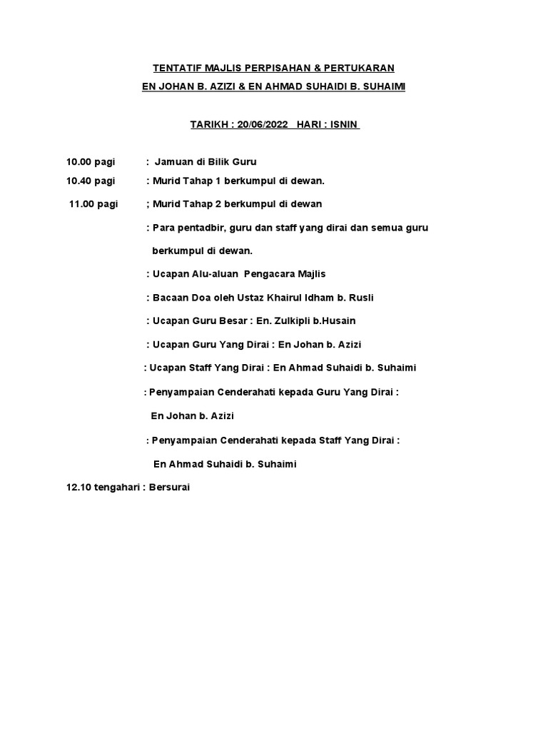 Tentatif Majlis Perpisahan & Pertukaran Guru 2022 | PDF