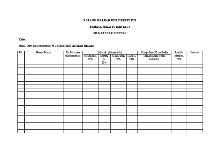 Borang Markah Ujian Bertutur | PDF