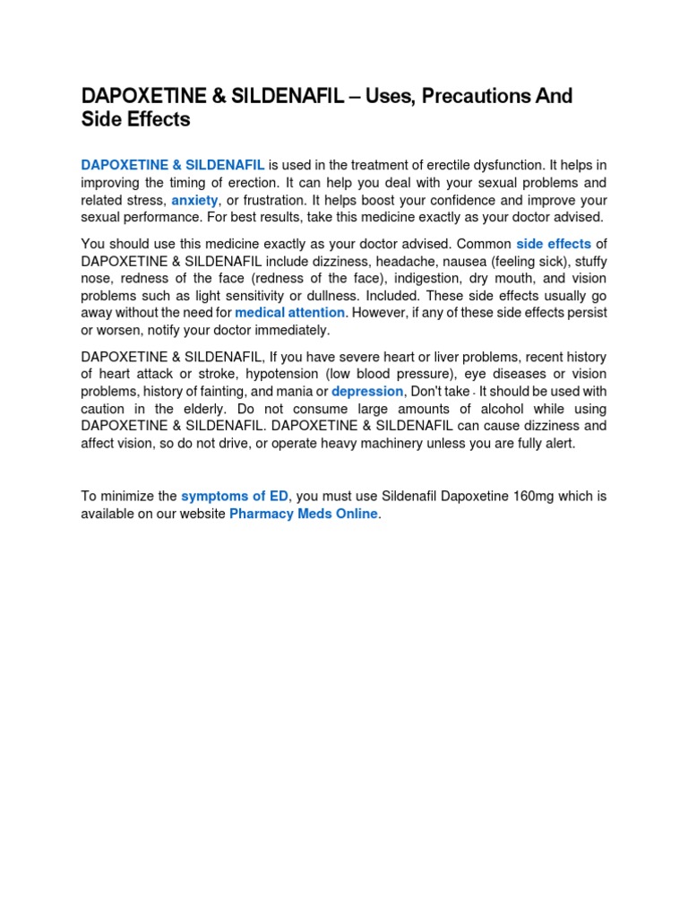 Dapoxetine & Sildenafil - Uses, Precautions and Side Effects | PDF