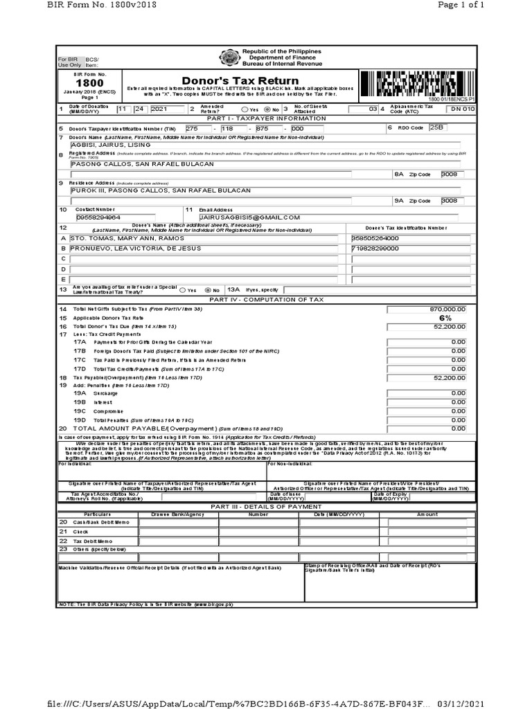 1800 Donor's Tax Return | PDF | Taxes | Tax Refund