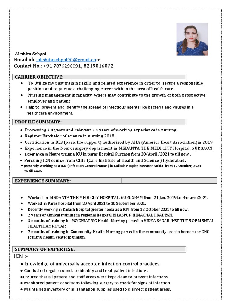 Akshita Sehgal's Resume: A Detailed Profile of an Experienced Infection ...