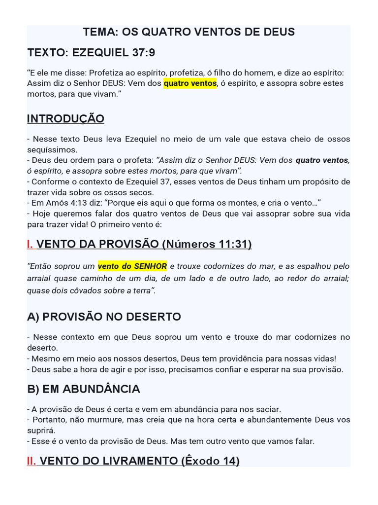 Tema - Os Quatro Ventos de Deus | PDF | Espírito Santo (religião) | Pastor