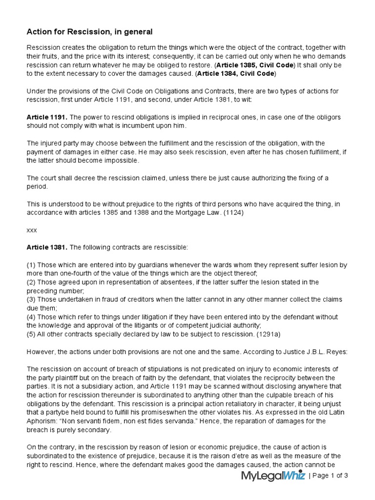 Action For Rescission in General | Download Free PDF | Breach Of ...
