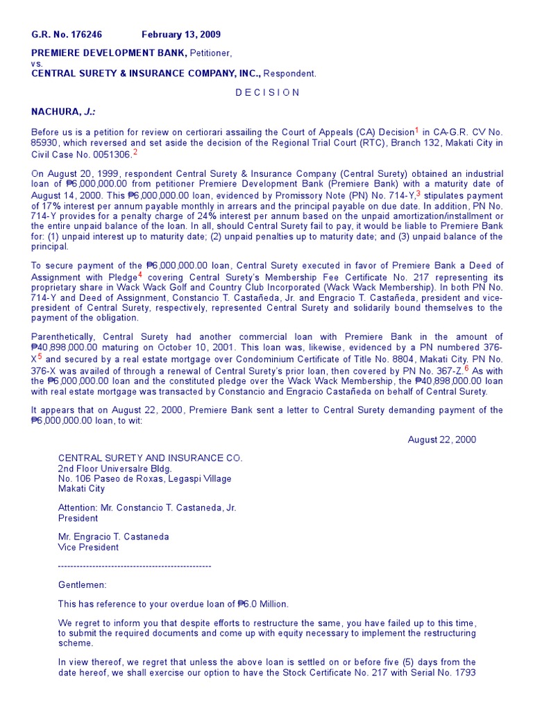 G.R. No. 176246 Premium Development Bank vs. Central Surety | PDF ...