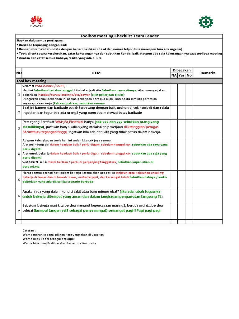 Toolbox Meeting, Check List Team Leader | PDF