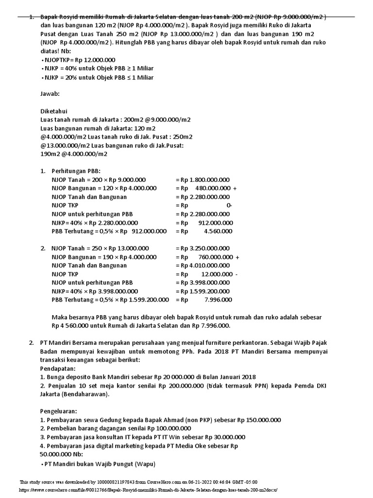 Bapak Rosyid Memiliki Rumah Di Jakarta Selatan Dengan Luas Tanah 200 m2 | PDF | Bisnis ...