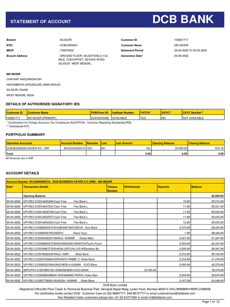 DCB Bank: Statement of Account | PDF | Banks | Banking
