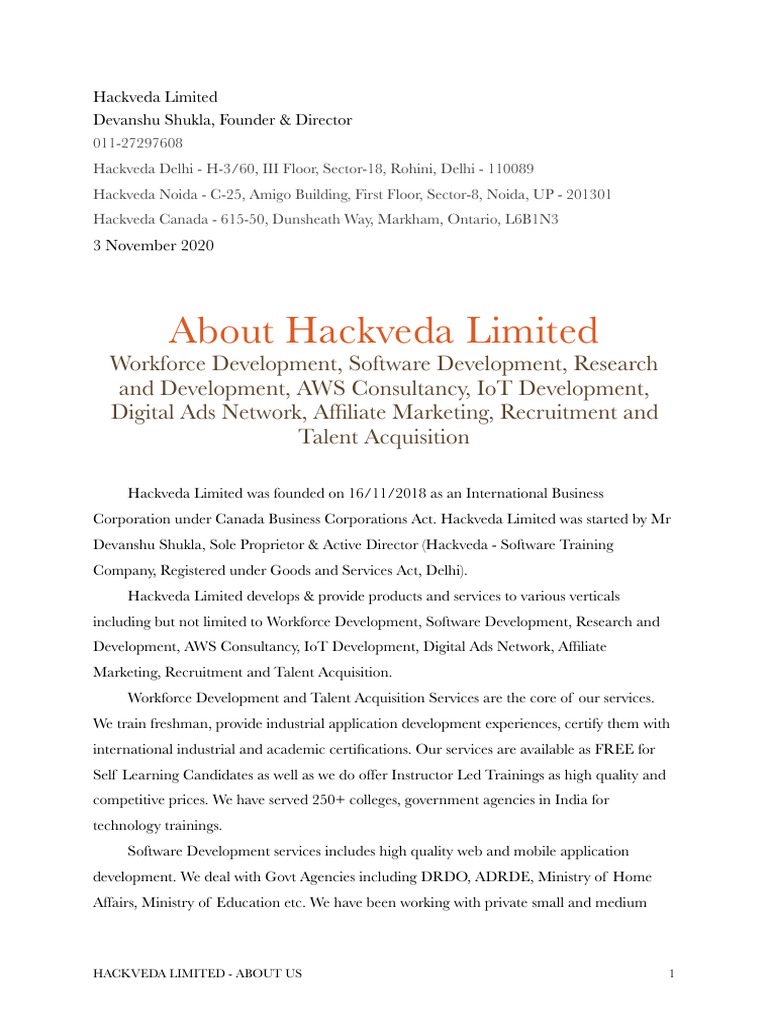 About Us - Hackveda Limited | PDF | Recruitment | Computing