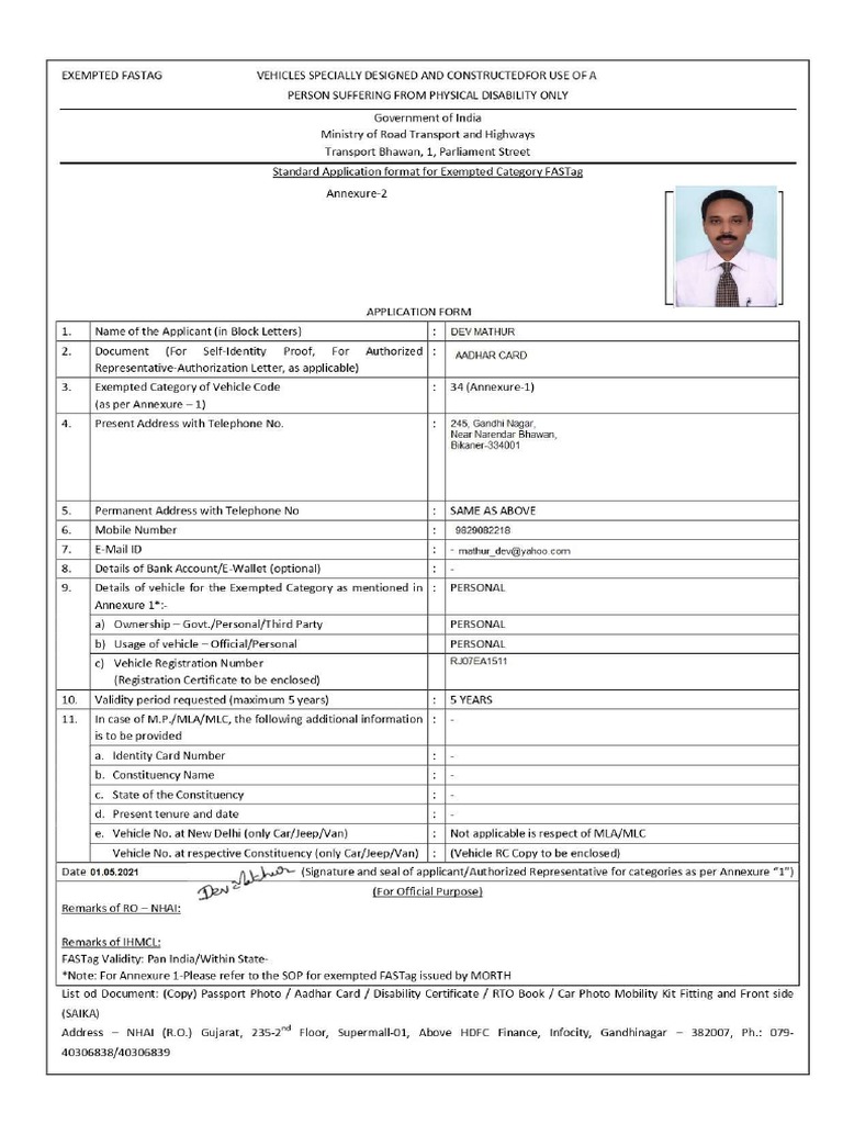 Exempted Fastag Application Blank-Filled | PDF