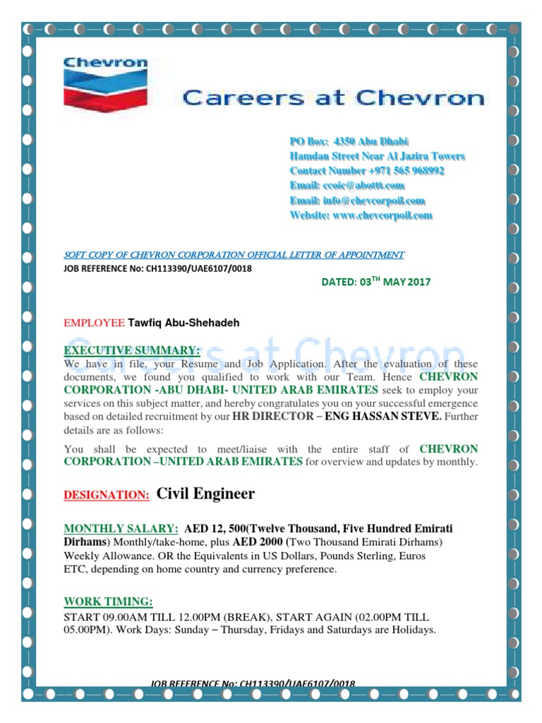 Chevron Abu Dhabi Job Offer Details | PDF | Employment | United Arab ...