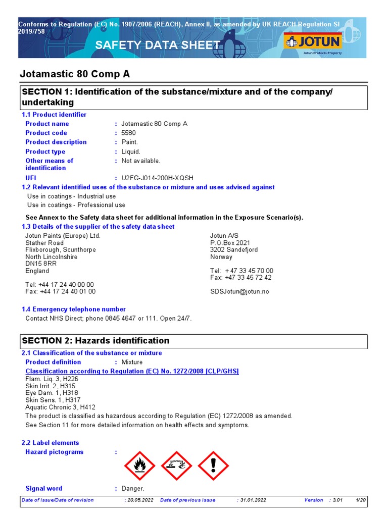 Jotamastic 80 Comp A Safety Data Sheet | PDF | Firefighting | Solvent