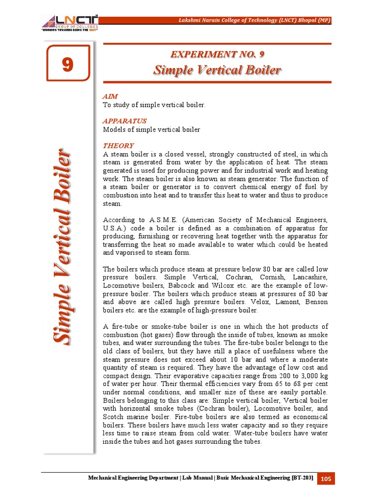 Simple Vertical Boiler: Experiment No. 9 | PDF | Boiler | Manufactured ...