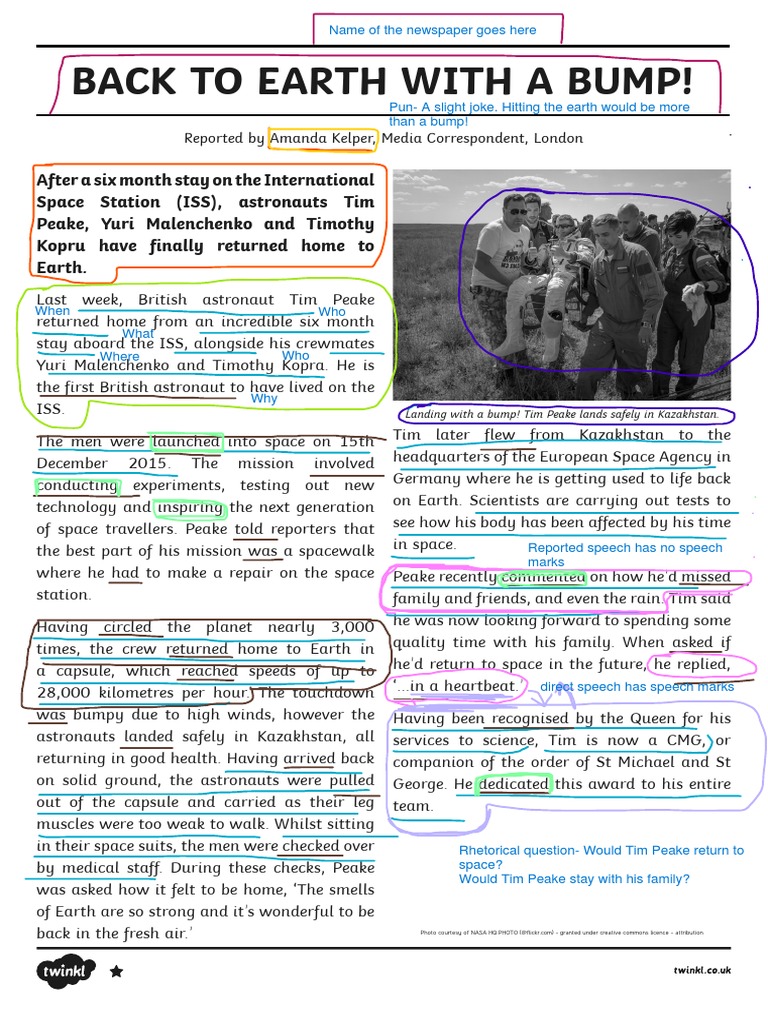 Back To Earth With A Bump Newspaper Article Example | PDF | Science ...