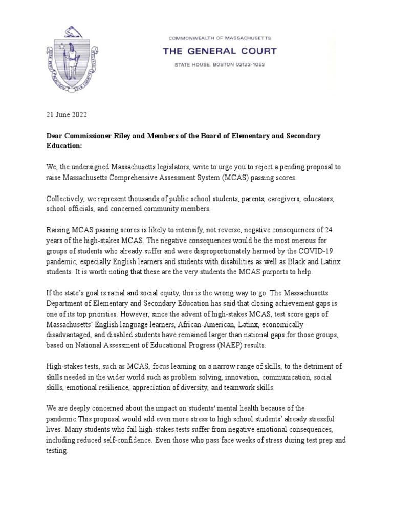 Letter To Board of Elementary and Secondary Education Re Mcas Passing ...