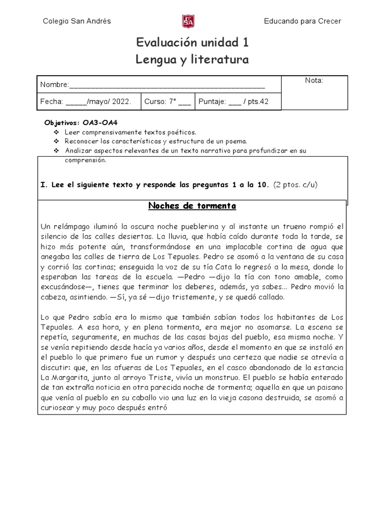 Ev. Unidad 1 Lenguaje 7mos. | PDF | Poesía