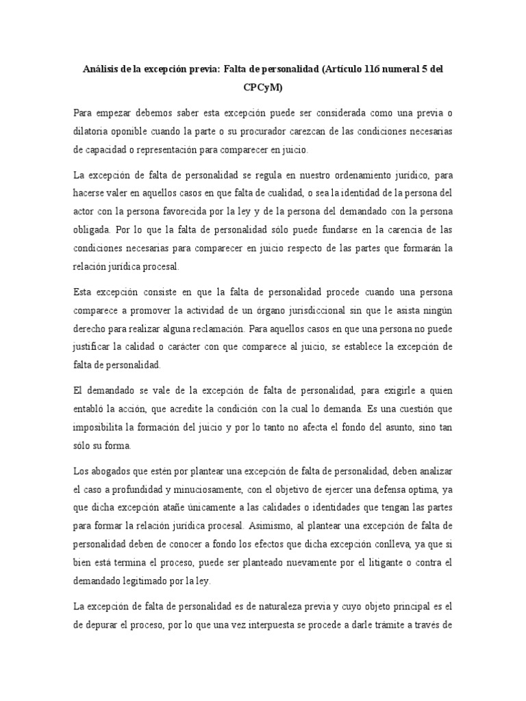 Análisis de La Excepción Previa de Falta de Personalidad | PDF | Ley procesal | Demanda judicial