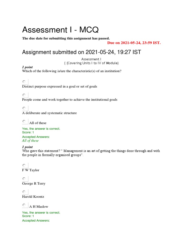 Assessment I - MCQ: Assignment Submitted On 2021-05-24, 19:27 IST | PDF ...