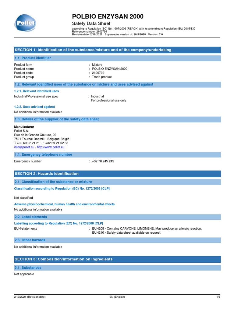 Safety Data Sheet PolBio Odor Control Enzysan 2000 Caps | PDF ...