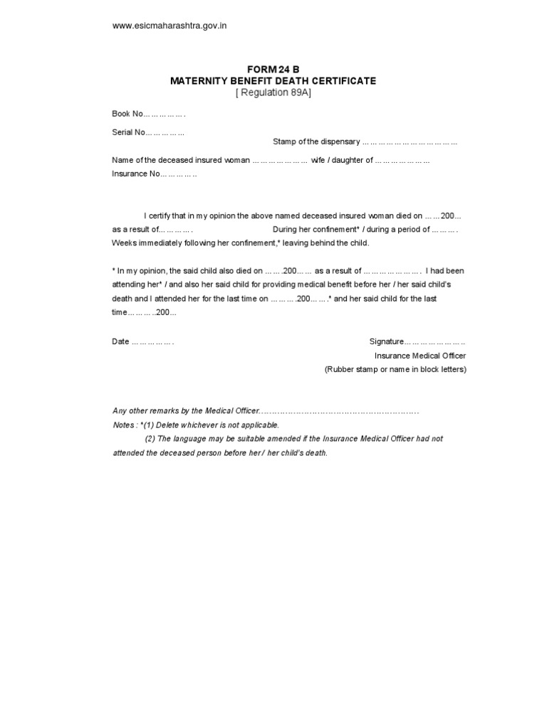 ESIC Form 24B for Maternity Death Certificate | PDF | Politics | Social ...
