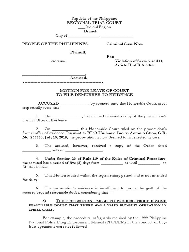Motion For Leave of Court To File Demurrer To Evidence (Criminal Case ...