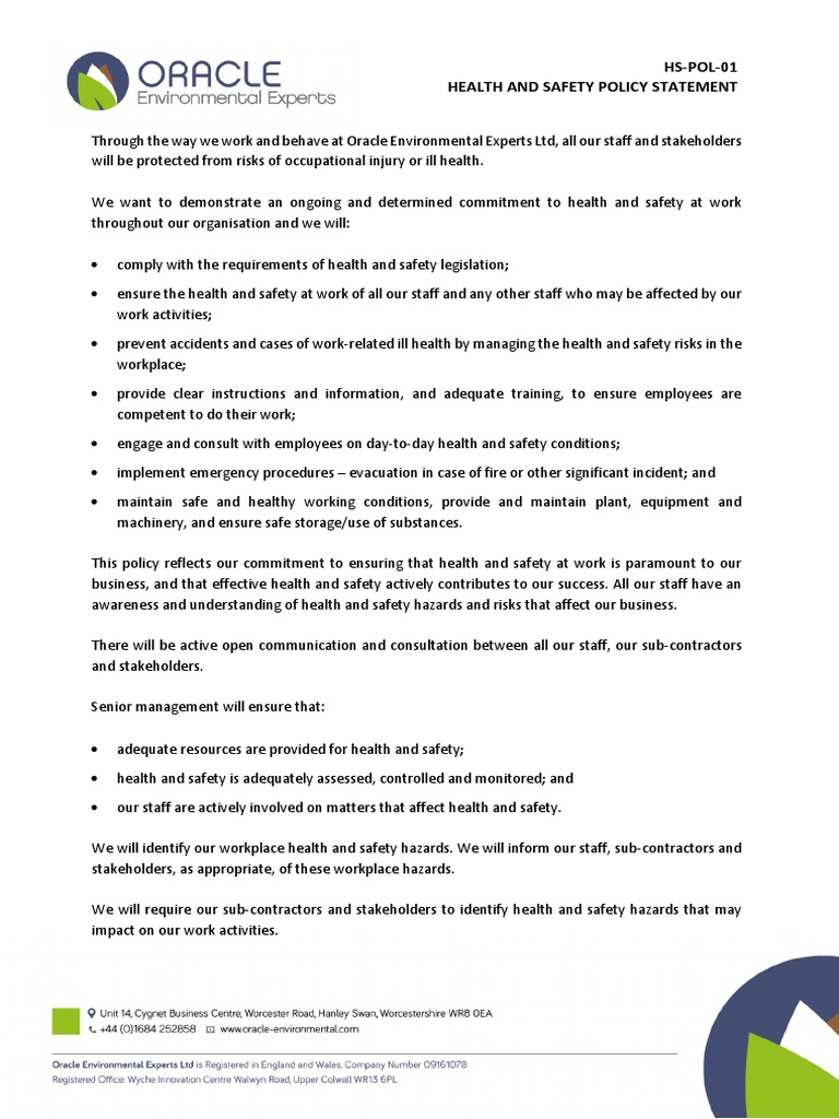 HS-POL-01 Health and Safety Policy Statement | PDF | Occupational ...