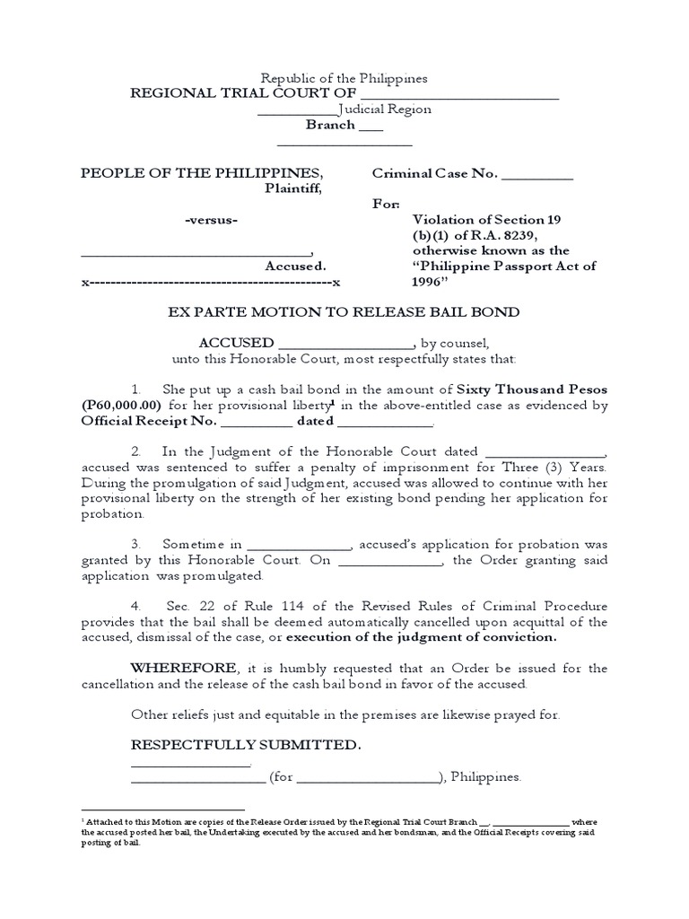 Ex Parte Motion To Release Bail Bond | PDF | Bail | Criminal Law