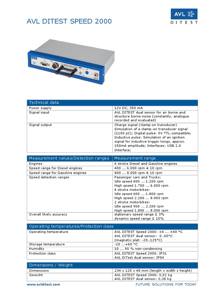 AVL DITEST Speed 2000 Specifications | PDF | Sensor | Manufactured Goods