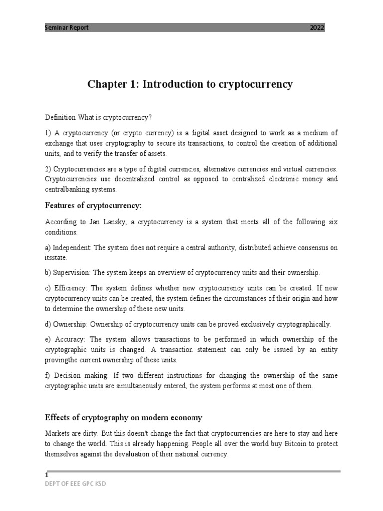 Chapter 1: Introduction To Cryptocurrency | PDF | Cryptocurrency | Bitcoin