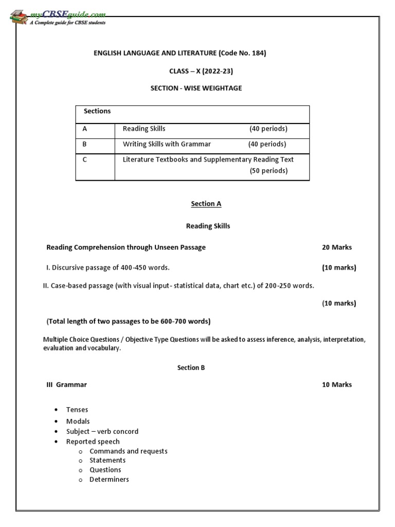 English Language and Literature (Code No. 184) CLASS - X (2022-23 ...