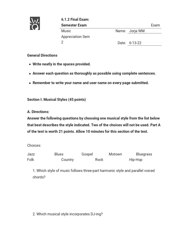 6.1.2 Final Exam - Semester Exam (Exam) | Download Free PDF | Blues | Jazz