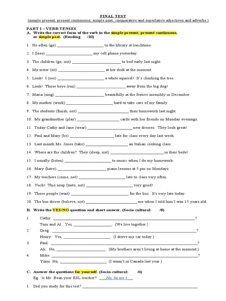 Simple Presentcontinuous Simple Past Comparative A Worksheet Templates ...