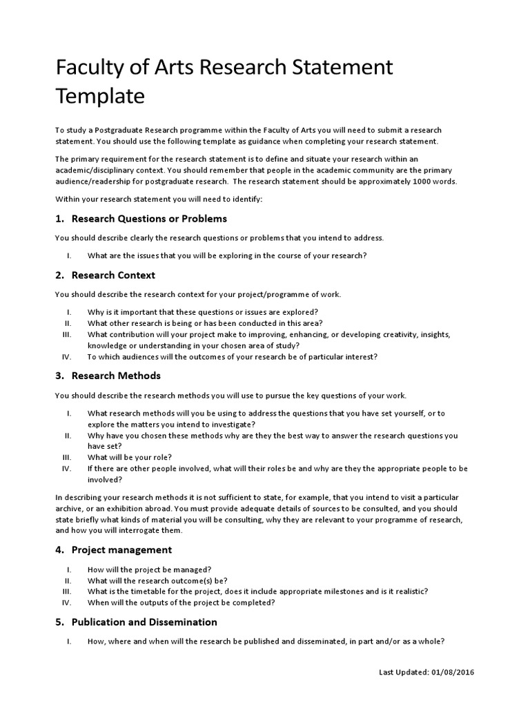 Faculty of Arts Research Statement Template: 1. Research Questions or ...