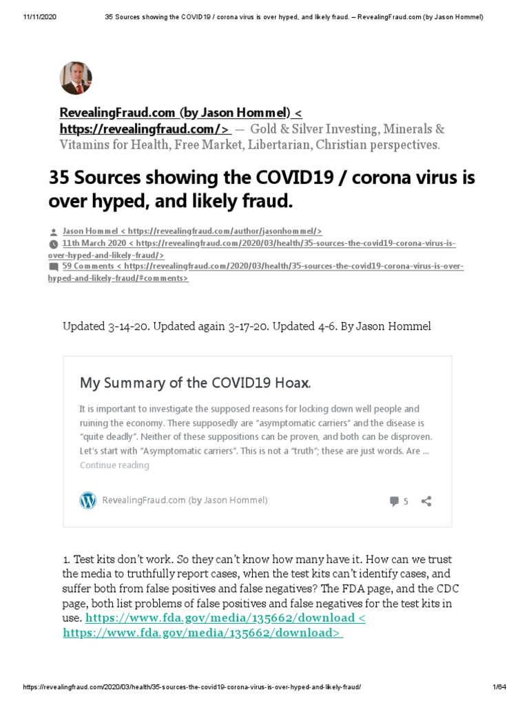 35 Sources Showing The COVID19 - Corona Virus Is Over Hyped, and Likely ...