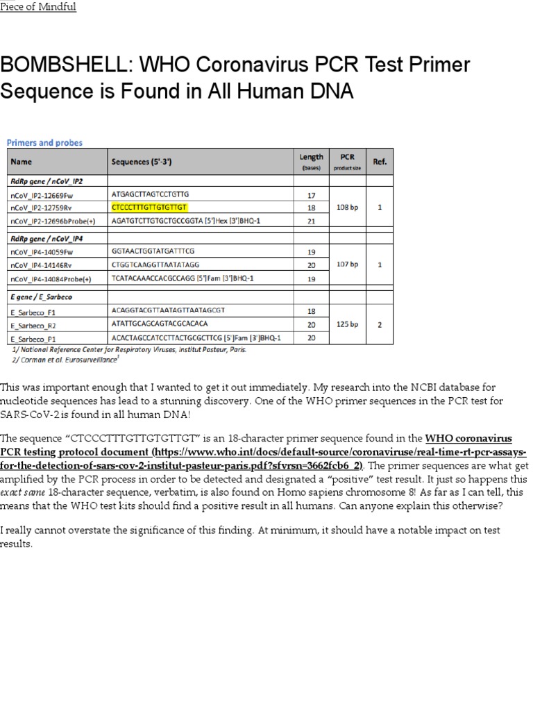 BOMBSHELL - WHO Coronavirus PCR Test Primer Sequence Is Found in All ...