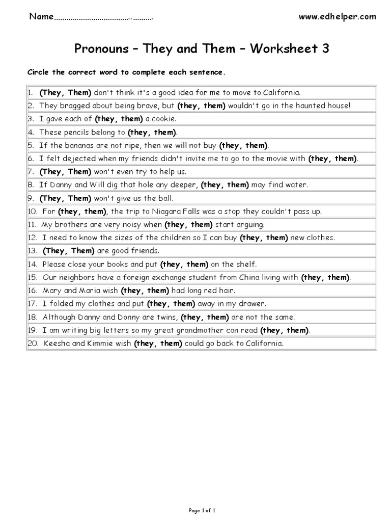 Edhelper Pronouns - They and Them - Worksheet 3 | PDF