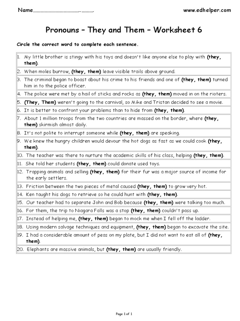 Edhelper Pronouns - They and Them - Worksheet 6 | PDF