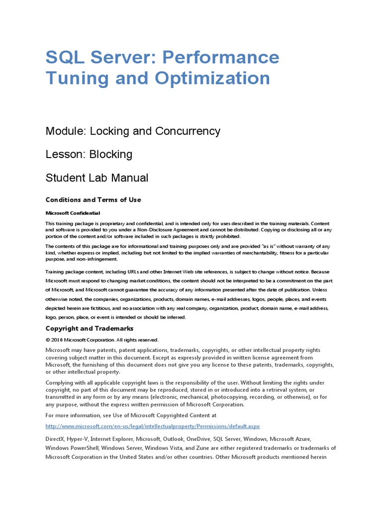 SQL Server: Performance Tuning and Optimization: Module: Locking and Concurrency Lesson ...