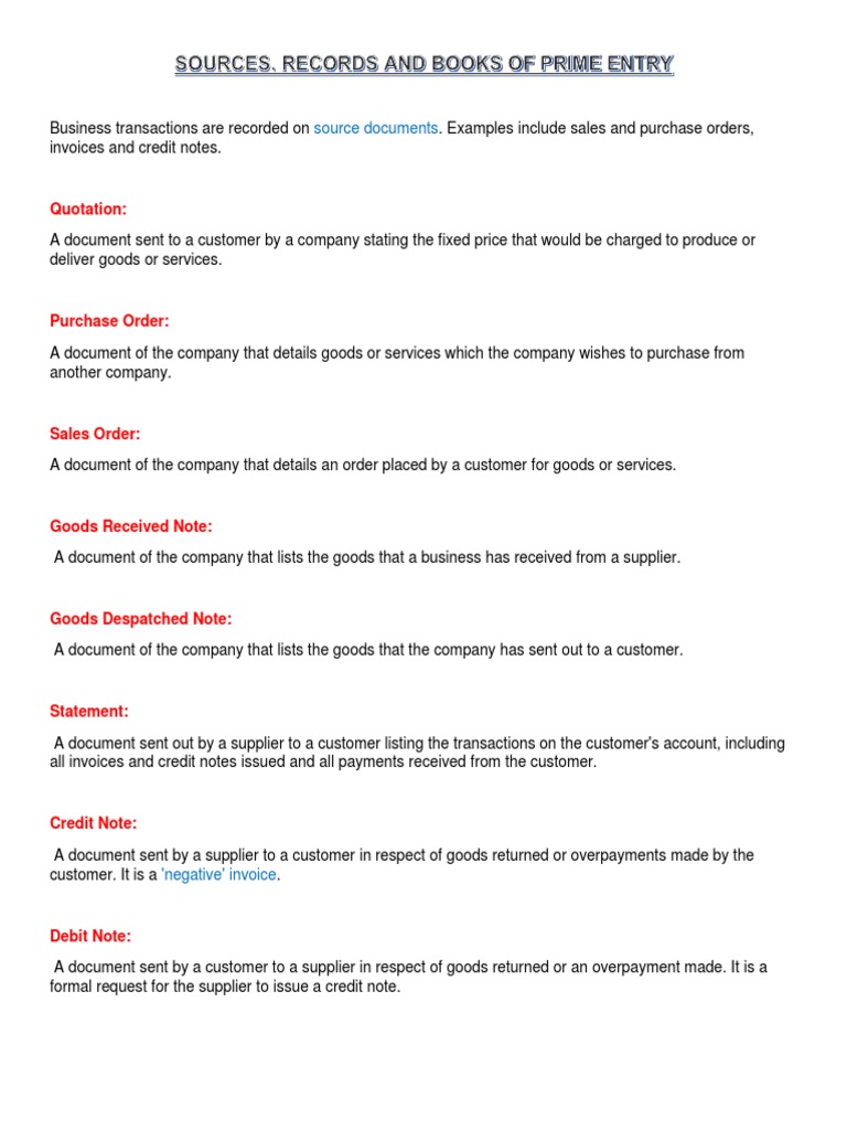 Sources, Records and Books of Prime Entry | PDF | Debits And Credits ...