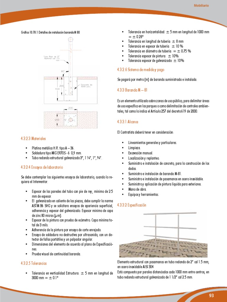 Especificaciones Tecnicas Idrd Baranda M 81 | PDF | Acero | Tubería (transporte de fluidos)