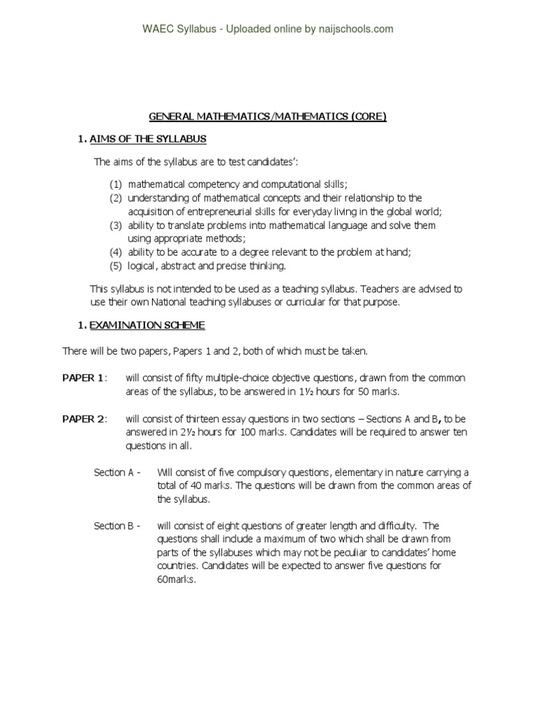 WAEC Syllabus For General Mathematics or Mathematics | PDF ...