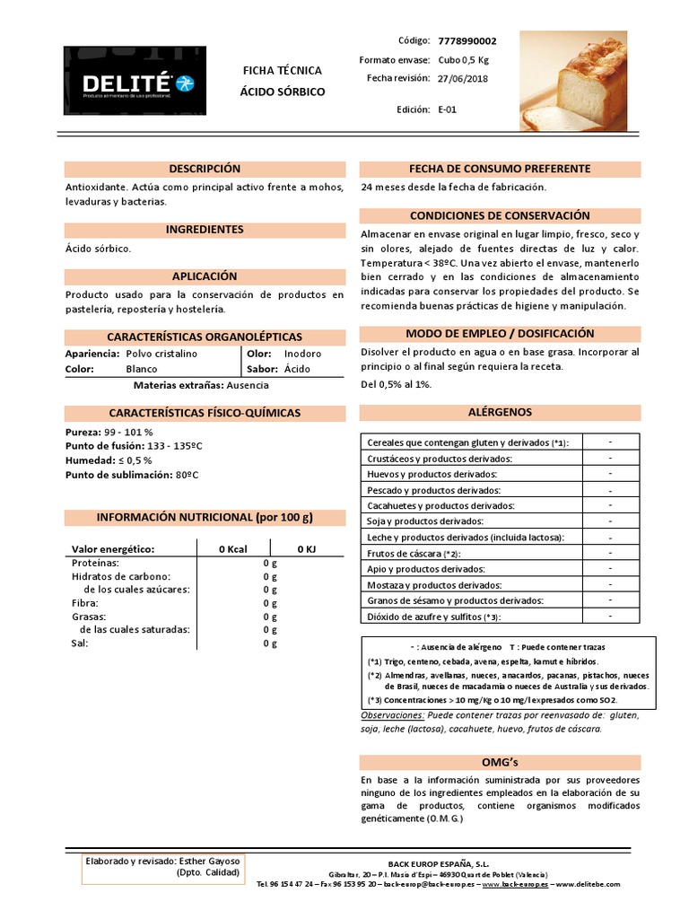 Ficha Técnica del Ácido Sórbico | PDF | Cereales | Nuez