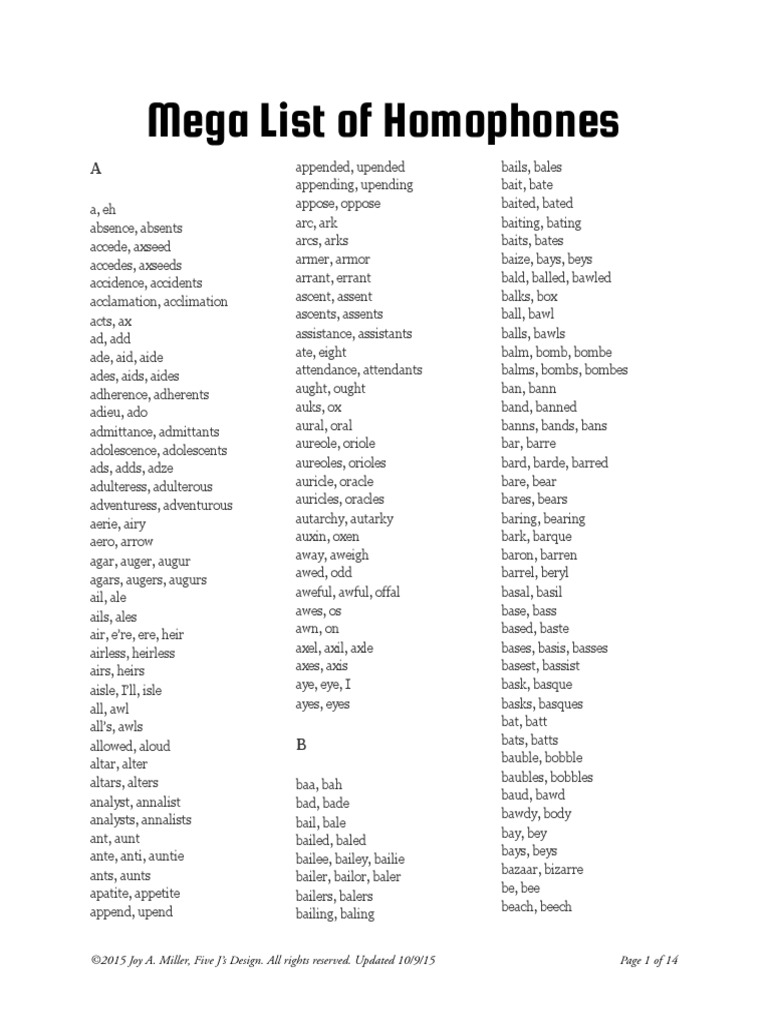 Homophones Super Big List | PDF